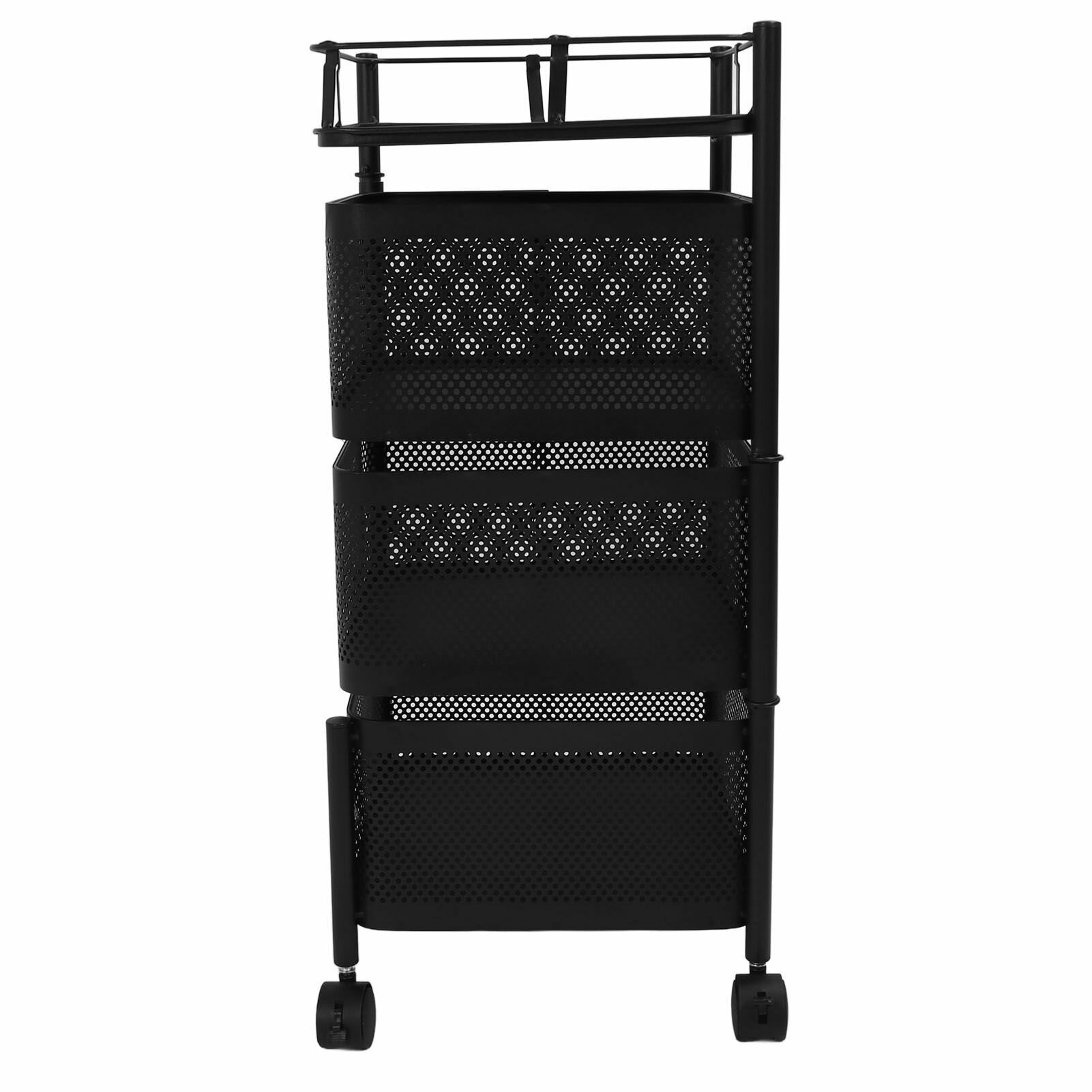 Вращающаяся стойка для хранения из углеродистой стали, вращающаяся сетчатая корзина-органайзер с колесами для фруктов, овощей, игрушек, косметики, черная, 3 яруса