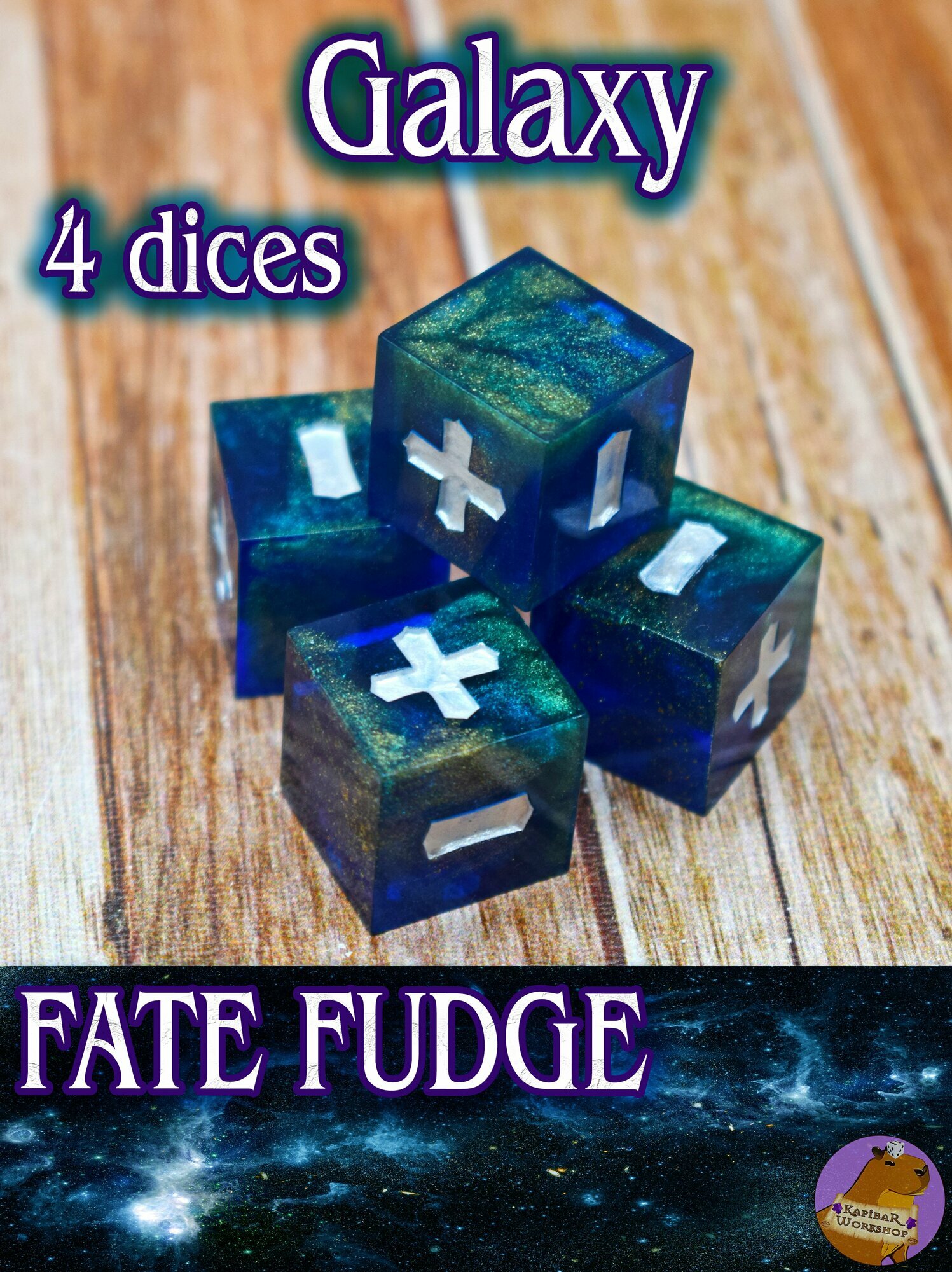 "Galaxy" Дайсы Кубики FATE FUDGE кости судьбы ручной работы (набор 4 шт.)