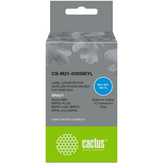Картридж ленточный Cactus CS-M21-500595YL черный на желтом 12.7x6.4 для Brady BMP21-PLUS, BMP21-LAB