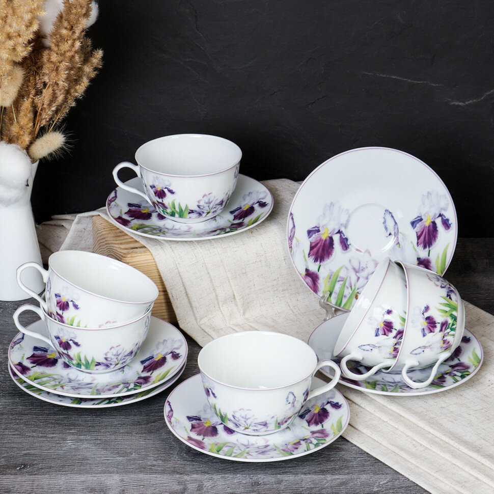 Ирисы LY-1205 (731363), Чайный набор, 12 предметов, 270 мл, тонкостенный фарфор