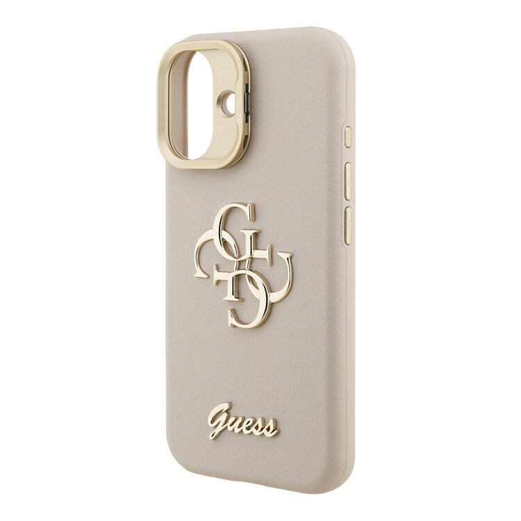 Guess чехол с подставкой для iPhone 16, PU-кожа зернистая 4G Big metal logo, бежевый