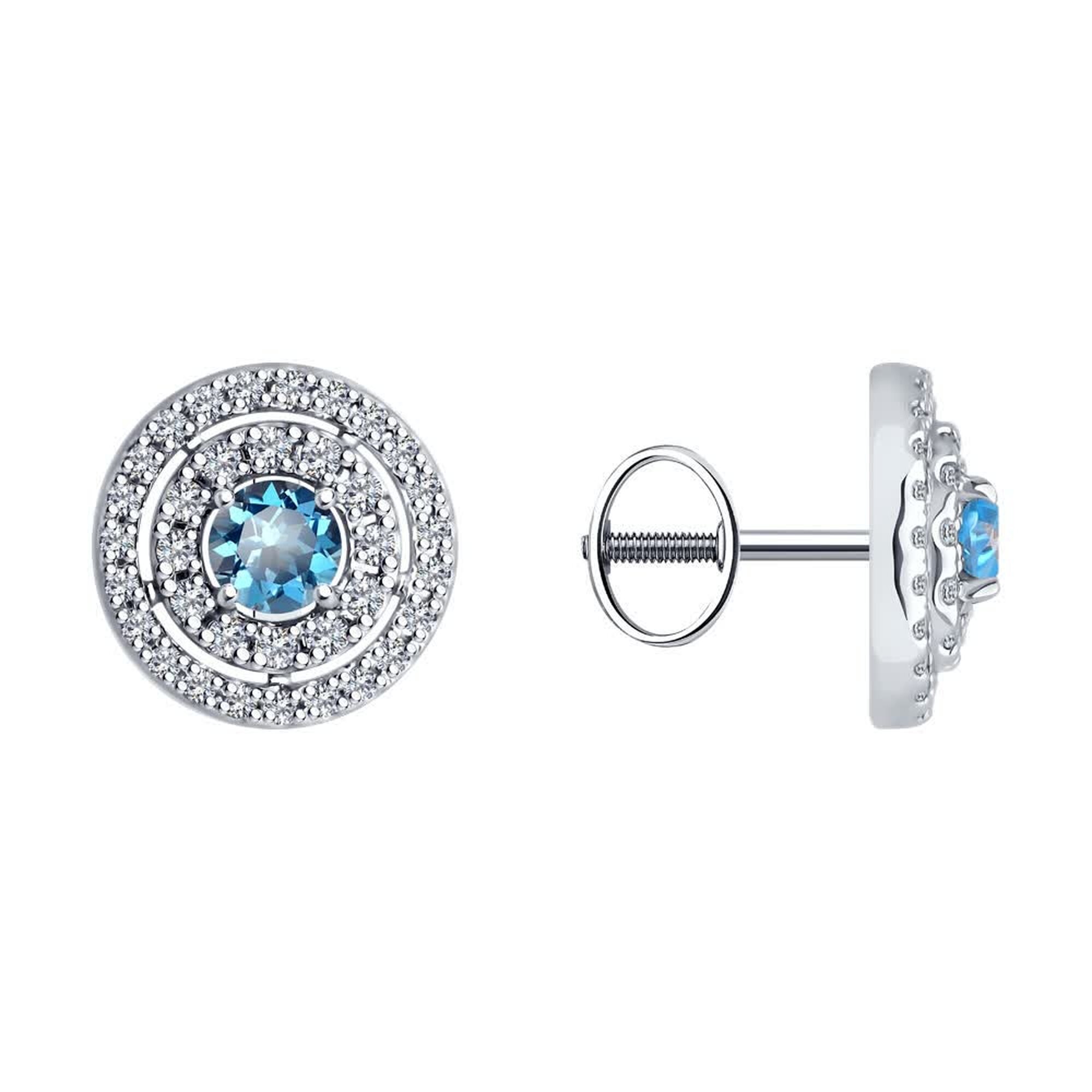 Серьги пусеты, белое золото, 585 проба, топаз, фианит