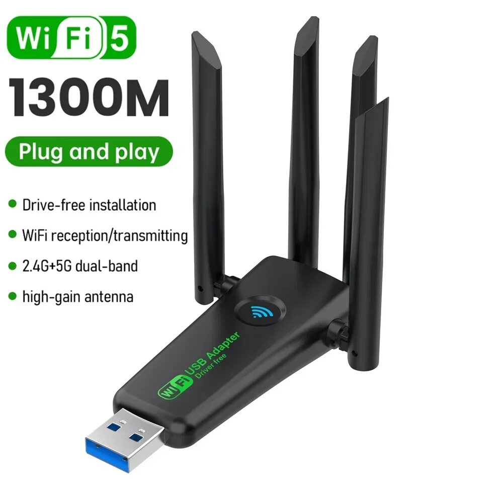 1300Mbps USB3.0 WiFi Adapter WiFi 5 Ethernet Network Card Dual Band 5G 2.4G USB WiFi Dongle for PC Laptop Receiver AC1300