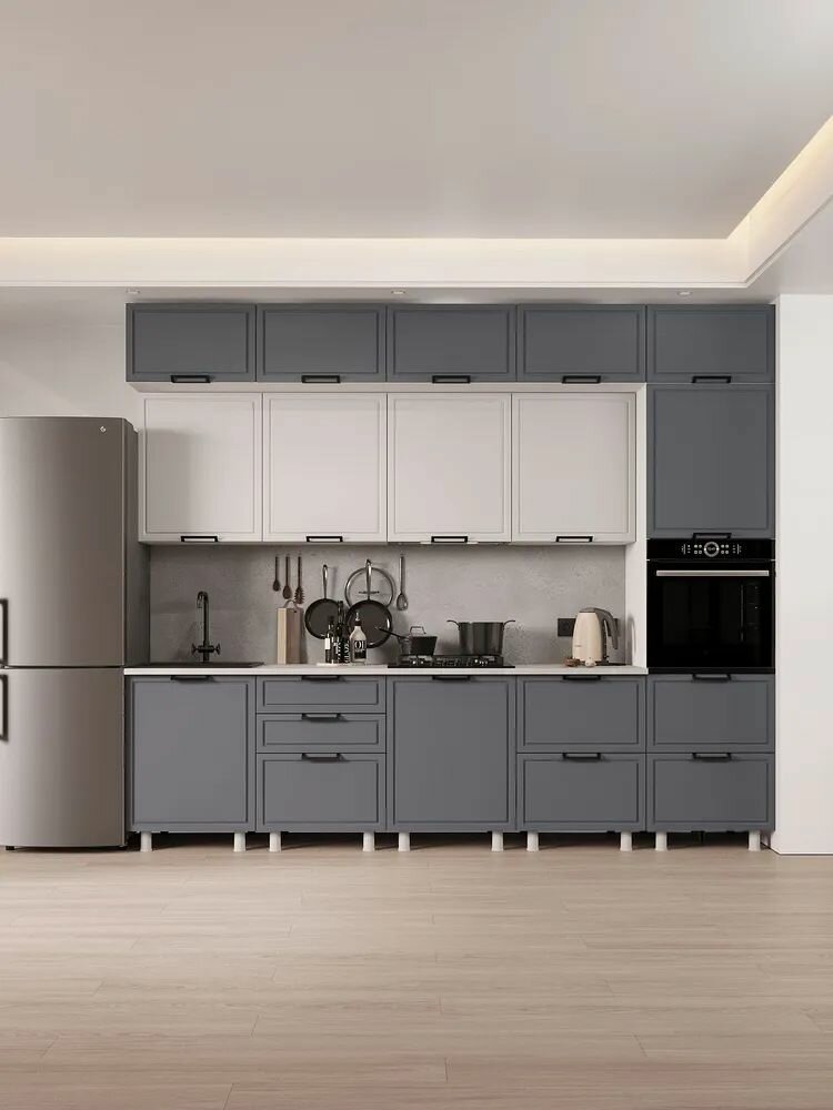 Кухонный гарнитур Квадро МДФ 3м белый снег/гранит серый со столешницей и антресолью