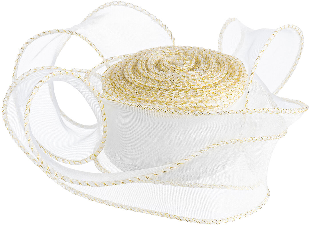 Декоративная лента Дон Баллон органза с леской, Золотая кайма, белая, 4 см, 9,14 м