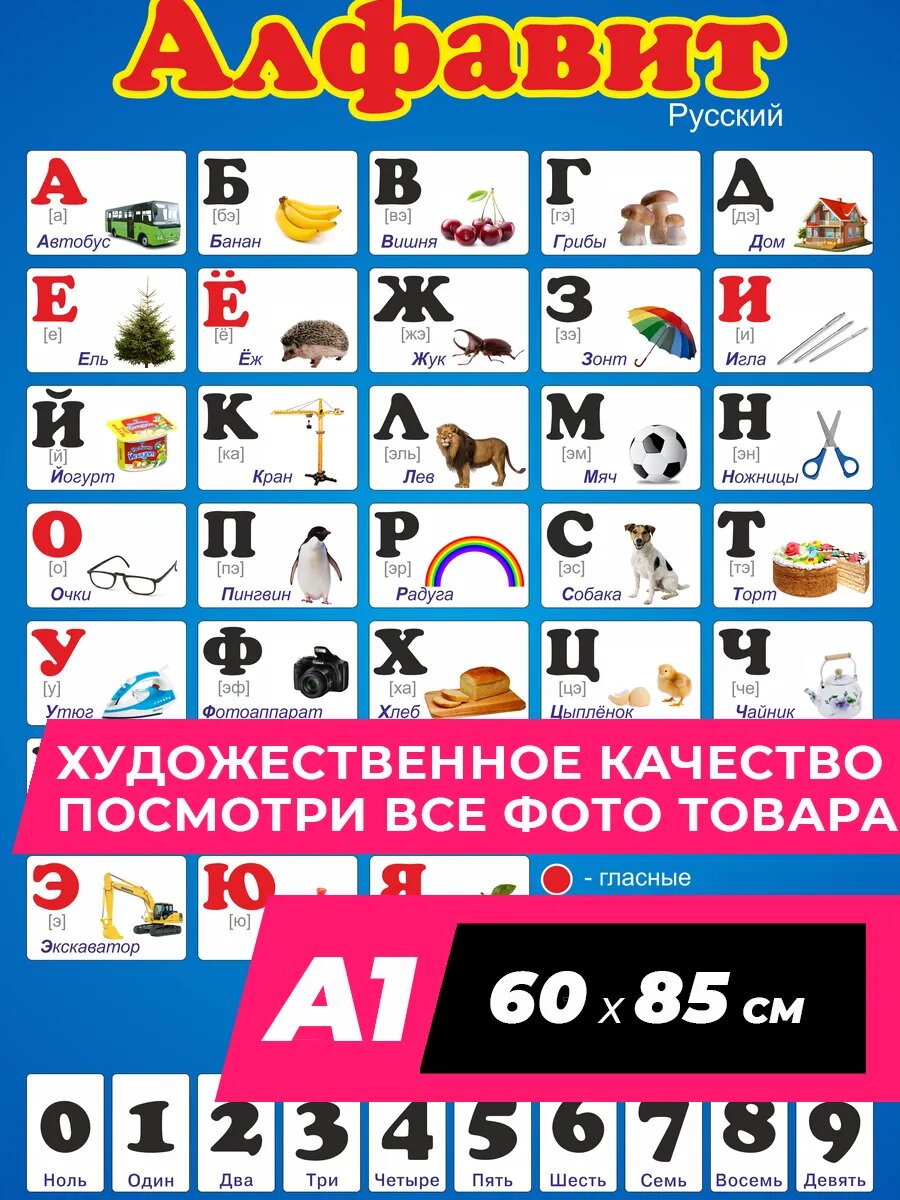 Плакат алфавит русский на стену Буквы и животные A1