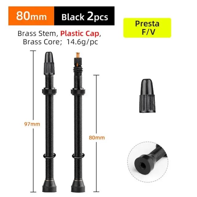 DEEMOUNT Клапаны Presta для бескамерных ободов 40/60/80 мм Черный, 80mm BK Plastic Cap