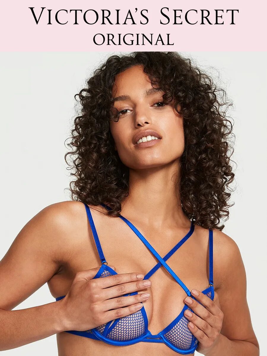 Бюстгальтер Victoria's Secret XS ярко-синий прозрачный в крупную сетку с двойными бретелями