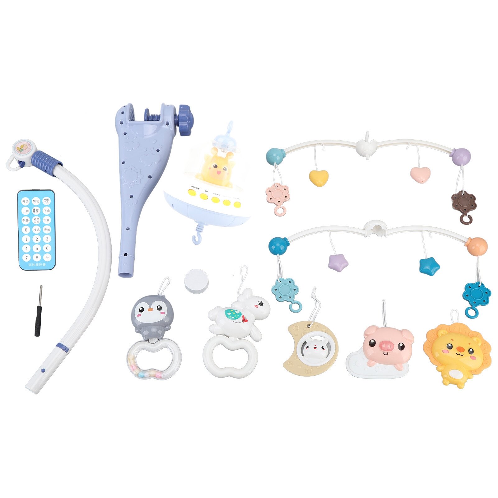 Детский мобиль с вращающимися животными, ночником и успокаивающей музыкой. Пластиковый детский мобиль с проектором. Тип 1.