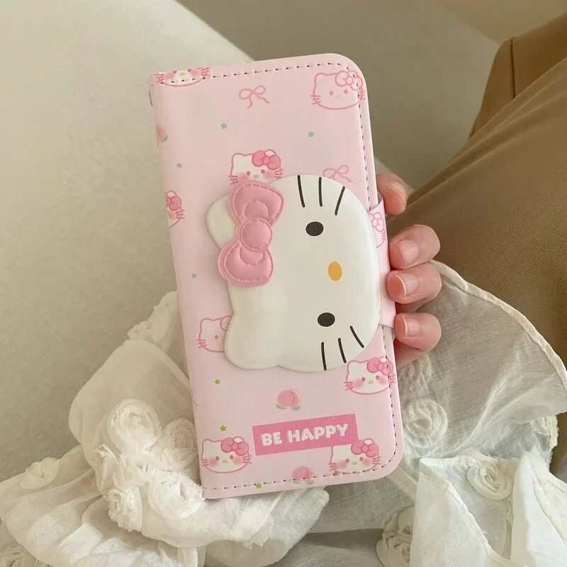 MINISO Чехол-книжка из натуральной кожи с милым мультяшным бантиком Hello Kitty, совместимый с iPhone 16/15/14/13/12/11 Pro Max, жесткий чехол, Материал: Для iPhone 16 Pro Max