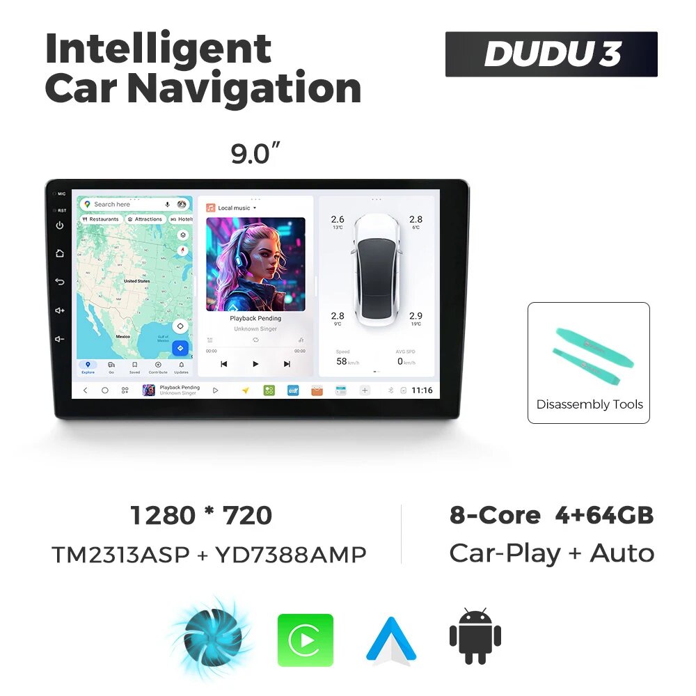 DUDUAUTO DUDU4 DUDU5 DUDU6 DUDU7 Android 13 12G + 512 ГБ Автомобильный радиоприемник GPS Navi 9,5/10,36 дюйма универсальный для Toyota VW Hyundai Kia Honda DUDU3 4-64-9