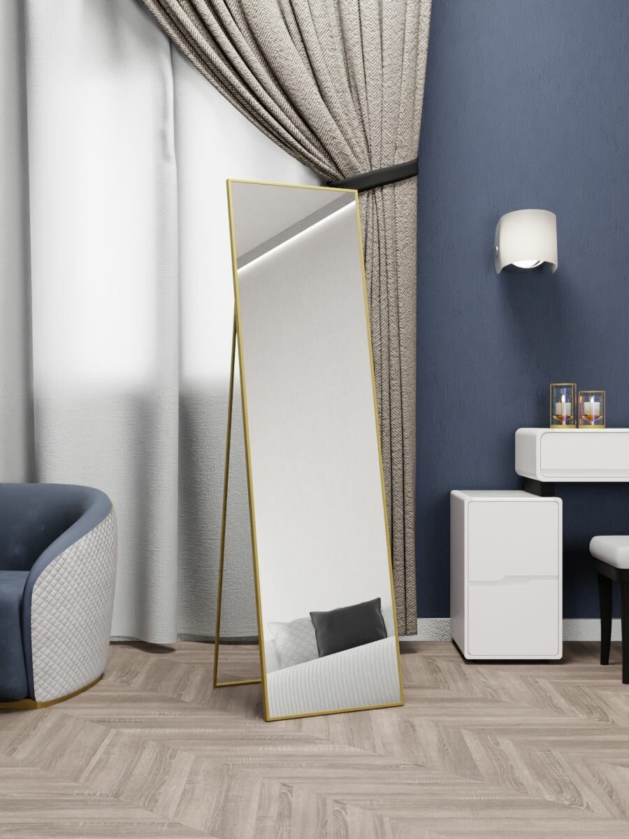 Зеркало настенное 150х40 см. ONE MARKET интерьерное в алюминиевой раме напольное, Золото