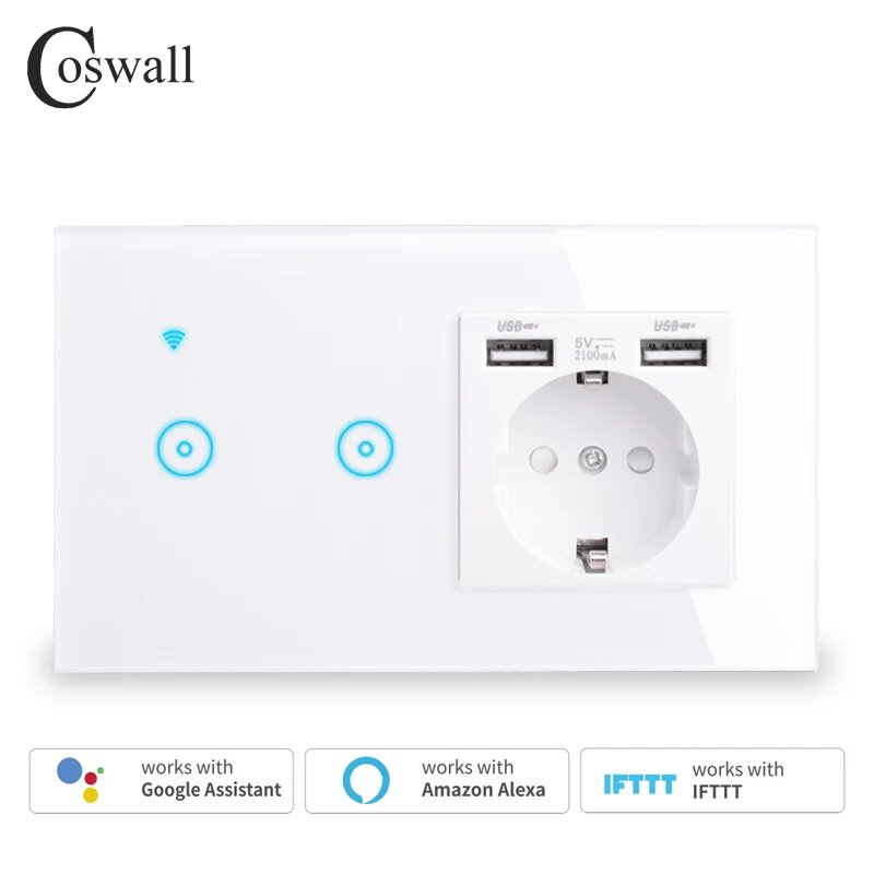 COSWALL Европейская розетка + 2 USB-порта для зарядки, сенсорный настенный выключатель света Wi-Fi, работа с Alexa Google Home IFTTT Tuya Smart Life EWelink, eWelink, 95-240V, 2 Gang-Socket White