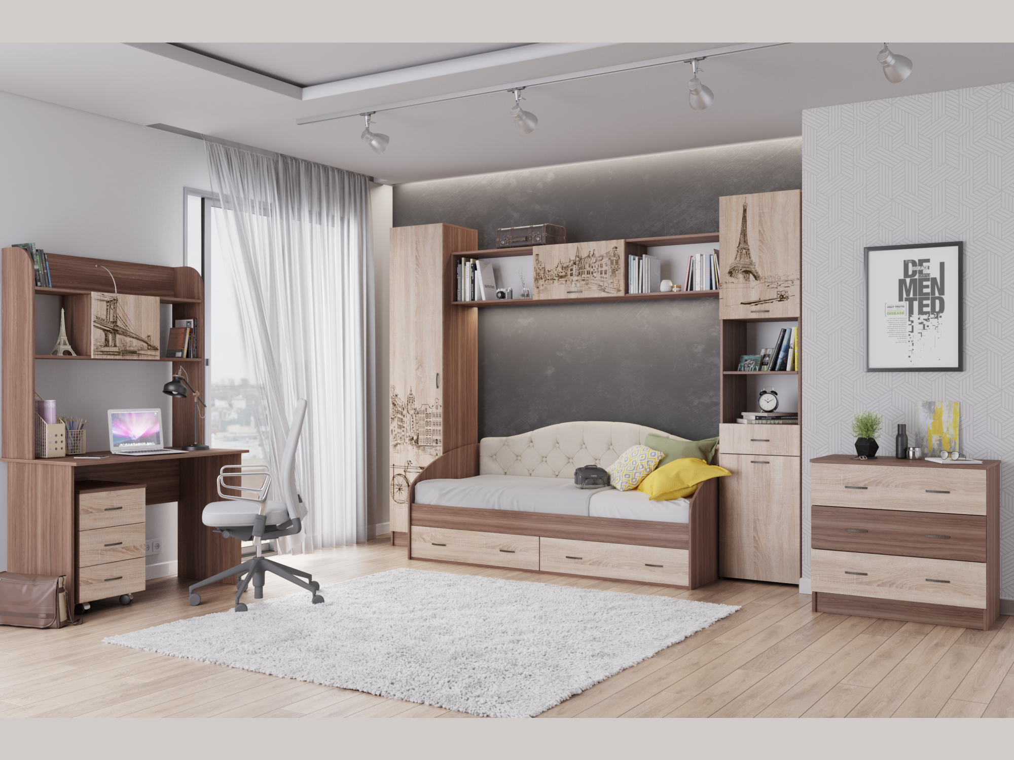 Подростковая в современном стиле, набор 1, Ясень шимо/Дуб сонома