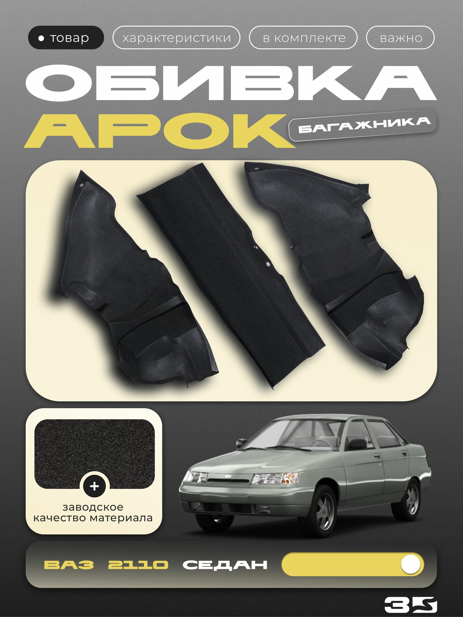 Обивка (обшивка) арок багажника (Формованная) из ворса для ВАЗ 2110 седан из 3 частей