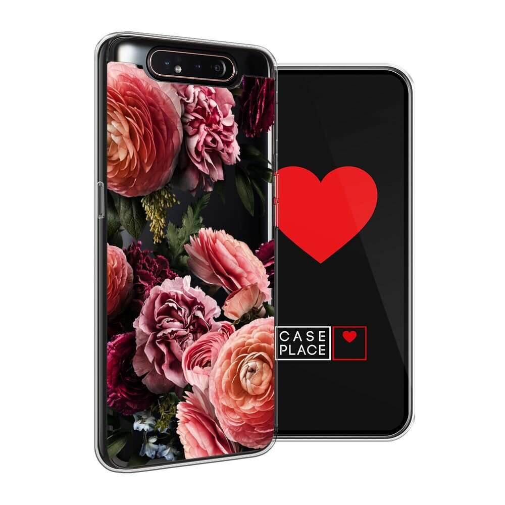 Чехол на Samsung Galaxy A80 / Самсунг Гэлакси A80 с принтом "Бордовые винтажные цветы", прозрачный — фото 1