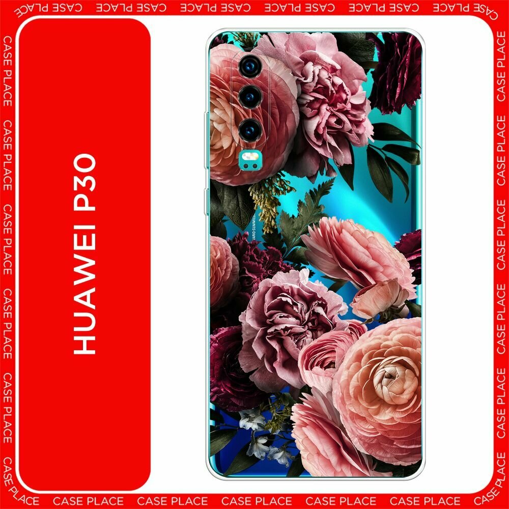 Чехол на Huawei P30 / Хуавей П30 с принтом "Бордовые винтажные цветы", прозрачный