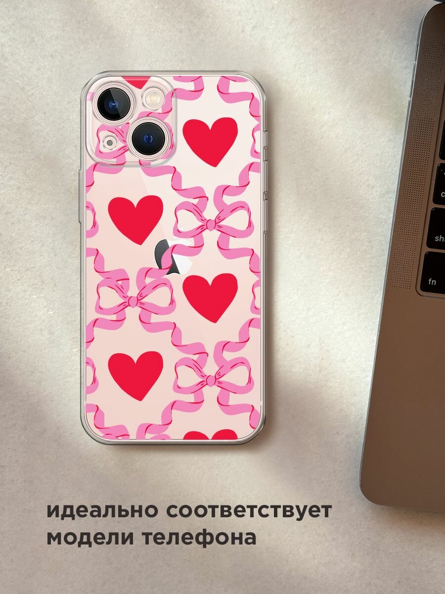 Чехол на Apple iPhone 13 mini / Айфон 13 мини с принтом "Hearts and ribbons 2 - 14 февраля", прозрачный — фото 1