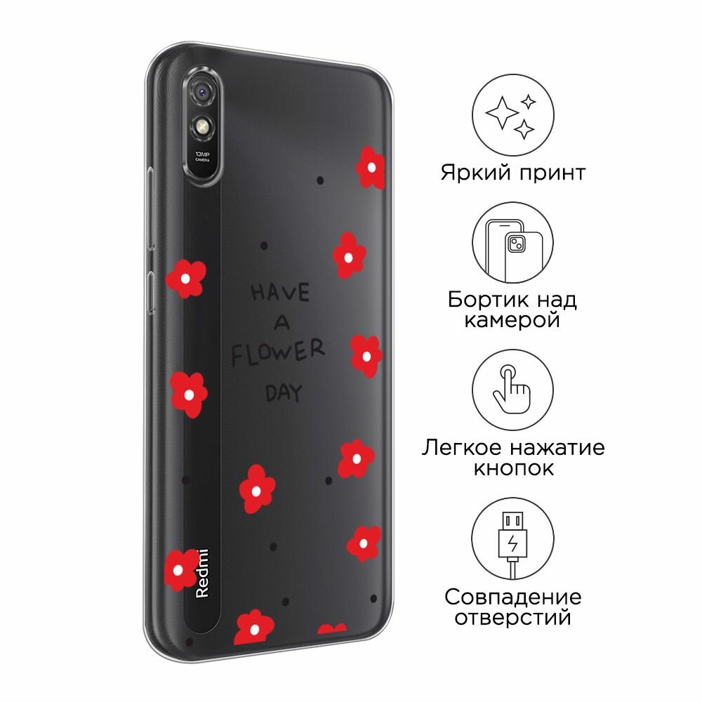 Чехол на Xiaomi Redmi 9A / Сяоми Редми 9А с принтом "Have a flower day 2", прозрачный — фото 1