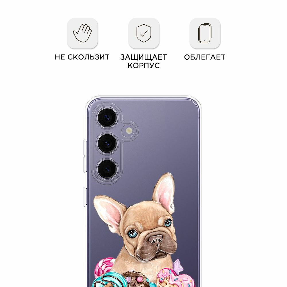 Чехол на Samsung Galaxy S24 Plus / Самсунг S24 Plus с принтом "Бульдог и сладости", прозрачный — фото 1