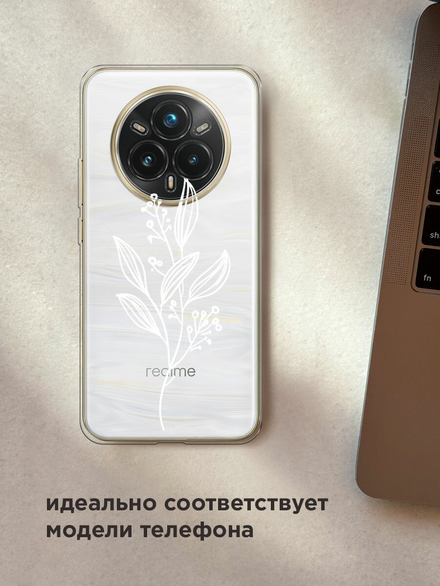 Чехол на Realme 14 Pro+ / Реалми 14 Про+ с принтом "Ветка с листочками и цветами", прозрачный — фото 1