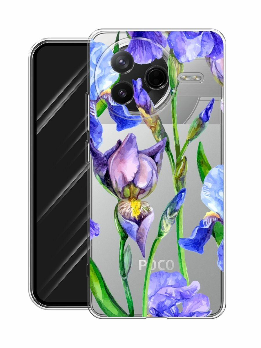 Чехол на Poco F7 Pro / Поко F7 Про с принтом "Синие ирисы", прозрачный — фото 1