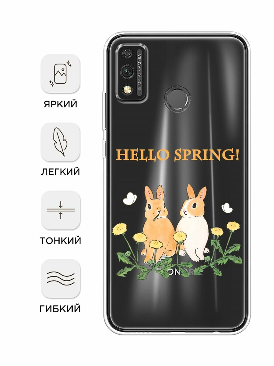 Чехол на Honor 9X Lite / Хонор 9X Лайт с принтом Весенние кролики, прозрачный — фото 1