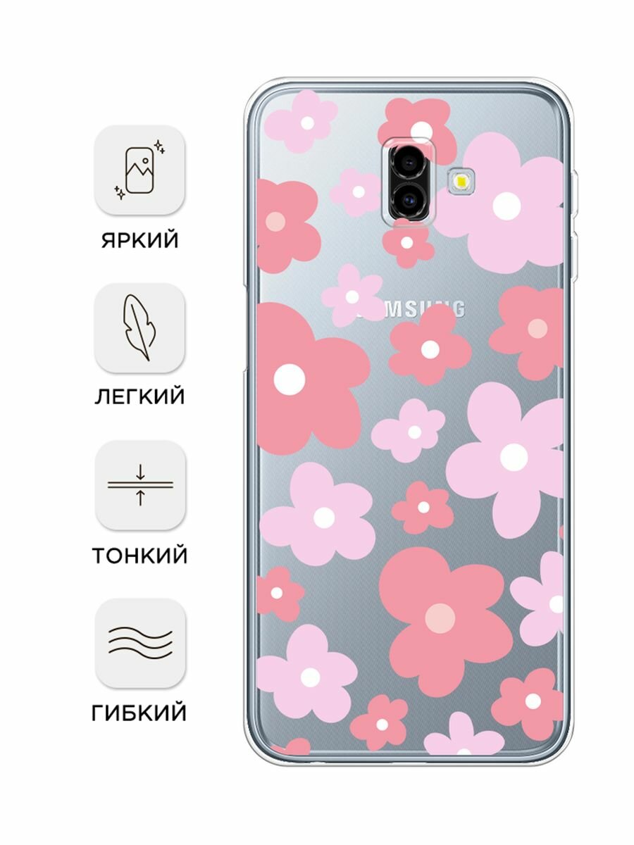 Чехол на Samsung Galaxy J6 + / Самсунг Галакси J6 Плюс 2018 с принтом "Нежные розовые цветочки рисунок", прозрачный — фото 1