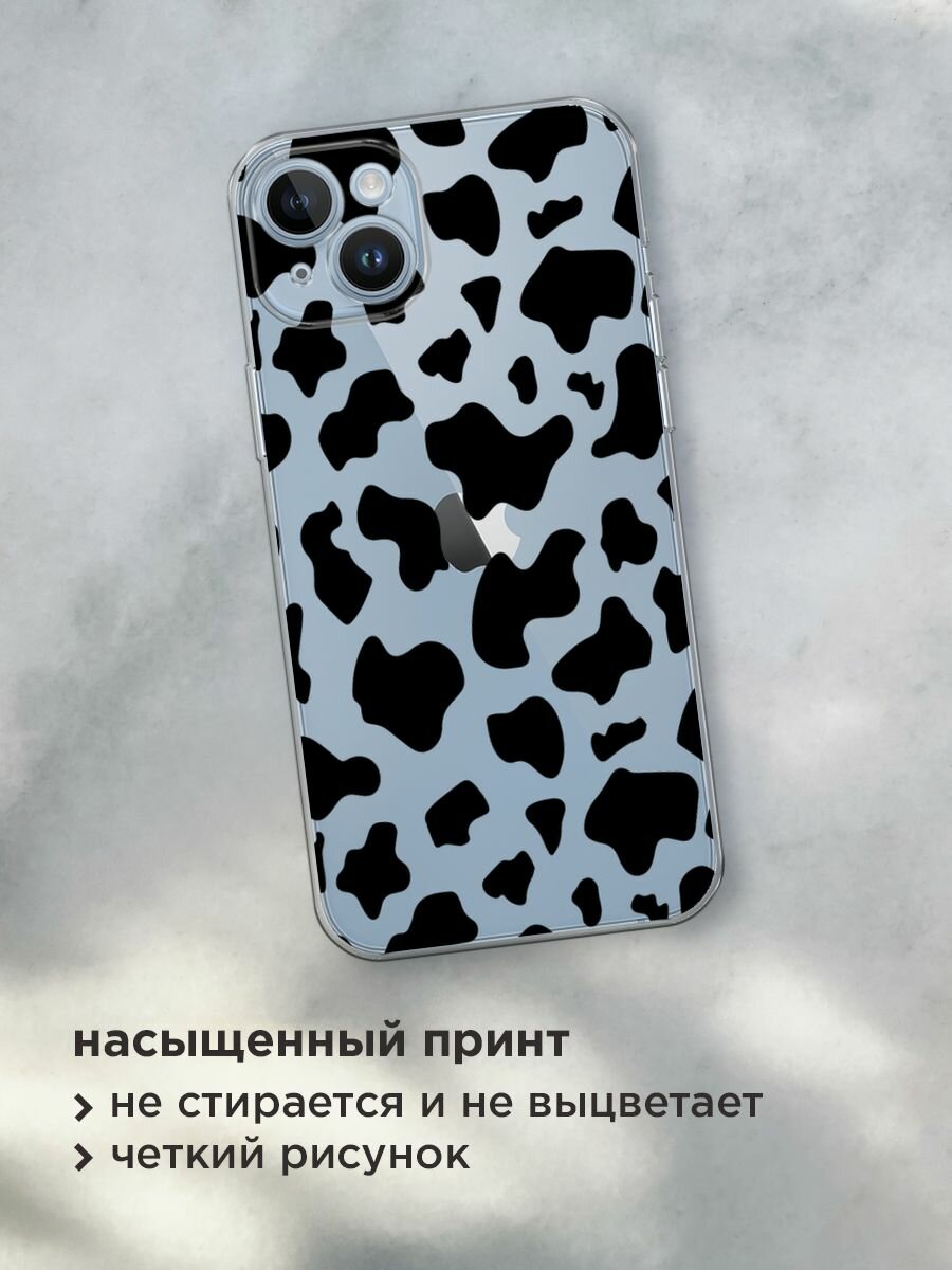Чехол на Apple iPhone 14 / Айфон 14 с принтом "Черные пятна коровы", прозрачный — фото 1
