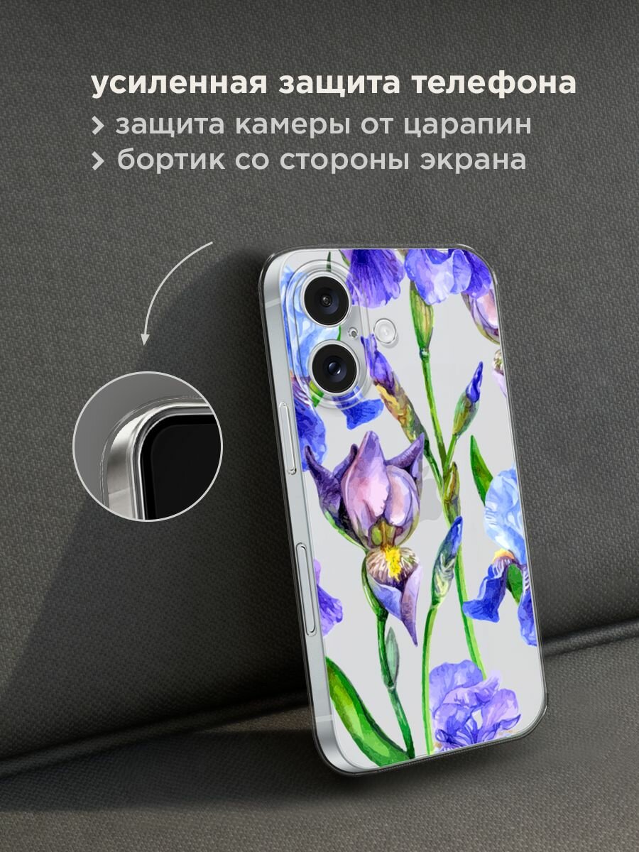 Чехол на Apple iPhone 16 / Айфон 16 с принтом "Синие ирисы", прозрачный — фото 1