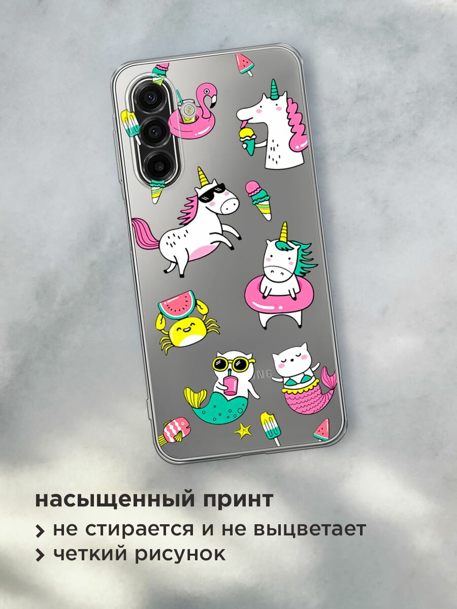 Чехол на Samsung Galaxy A17 / Самсунг А17 с принтом "Единороги в отпуске", прозрачный — фото 1