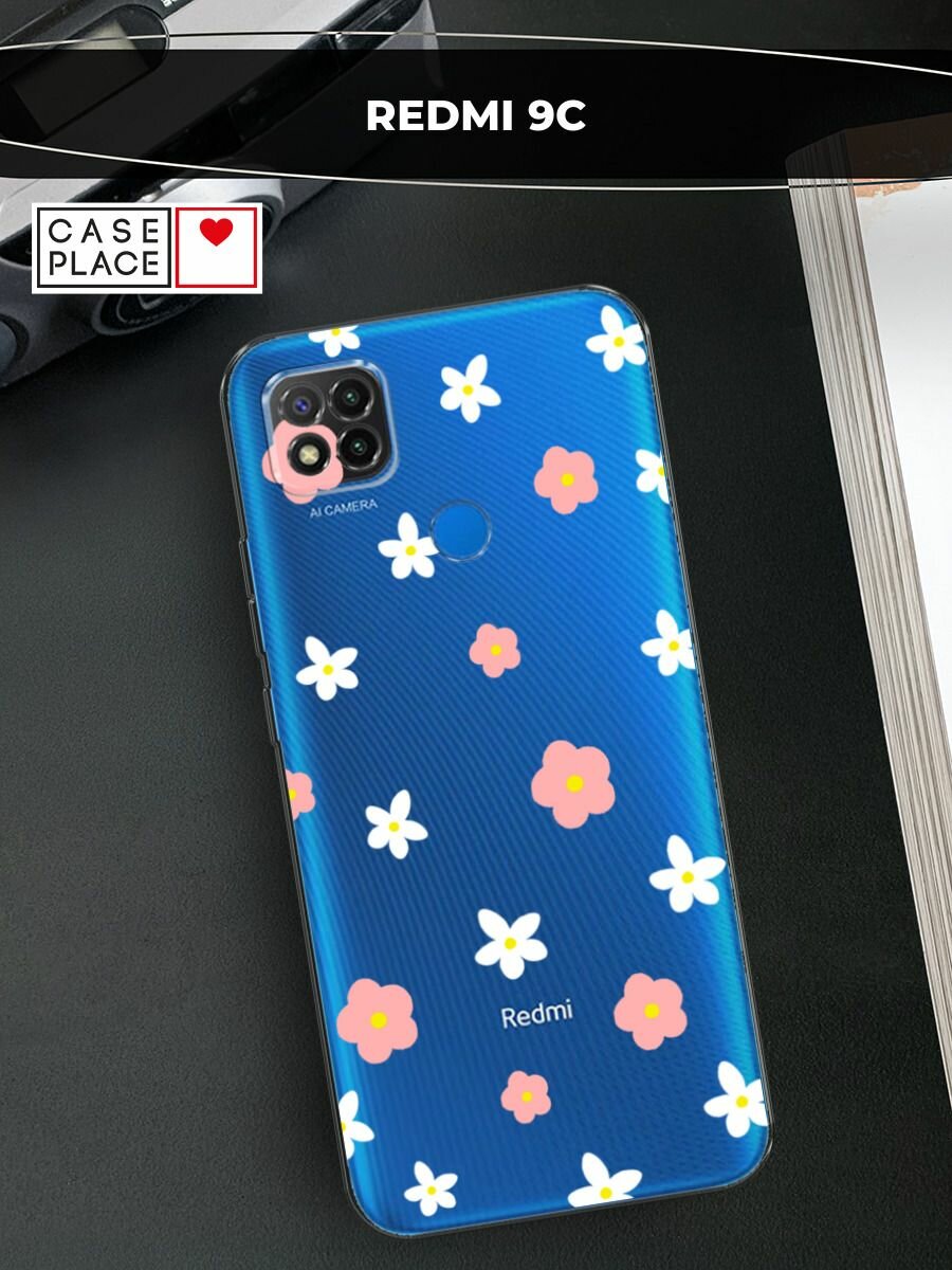 Чехол на Xiaomi Redmi 9C / Сяоми Редми 9C с принтом "Розовые и белые цветы", прозрачный