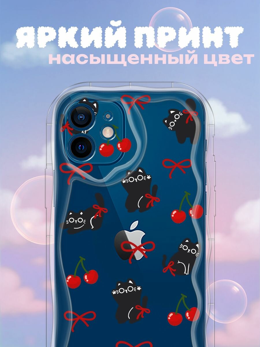 Чехол на Apple iPhone 12/12 Pro / Айфон 12 с принтом "Котик, вишня и бантики" — фото 1