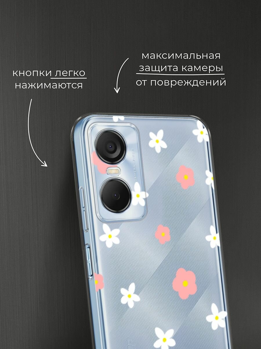 Чехол на Tecno Pop 6 pro / Техно Поп 6 Про с принтом "Розовые и белые цветы", прозрачный — фото 1
