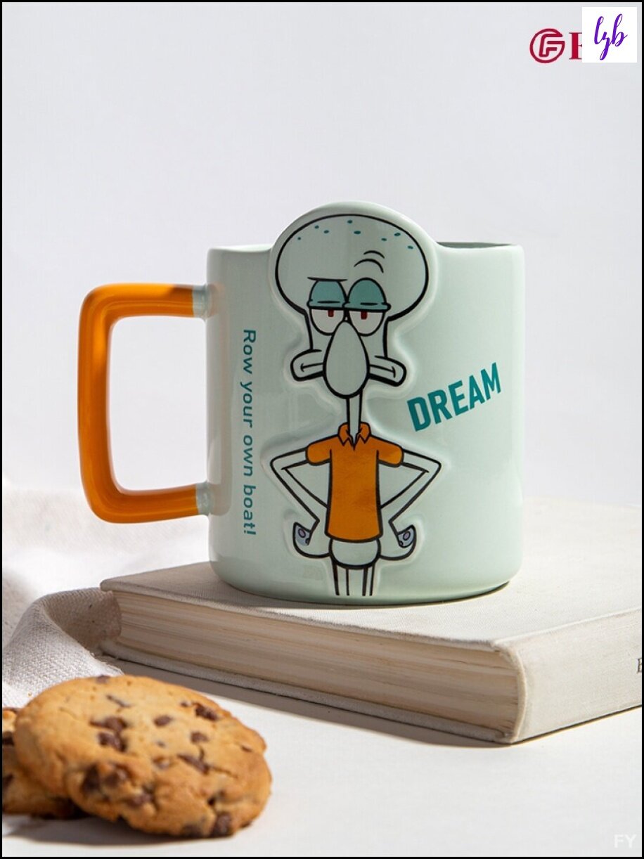 Эксклюзивная голубая керамическая кружка Сквидвард с ложкой, предназначенная для использования в посудомоечной машине и микроволновой печи