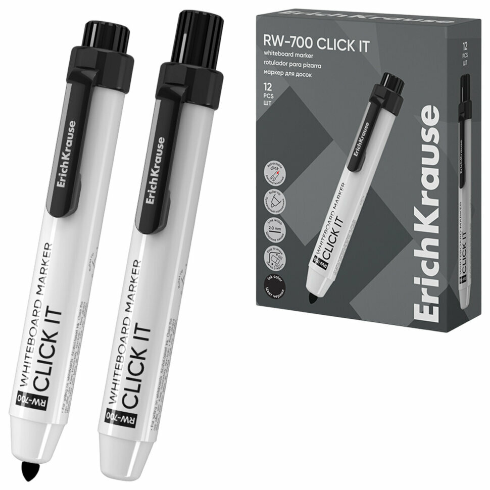 Маркер стираемый для белой доски автоматический ERICH KRAUSE RW-700 "Click it", черный, 2 мм, 60830, 152660