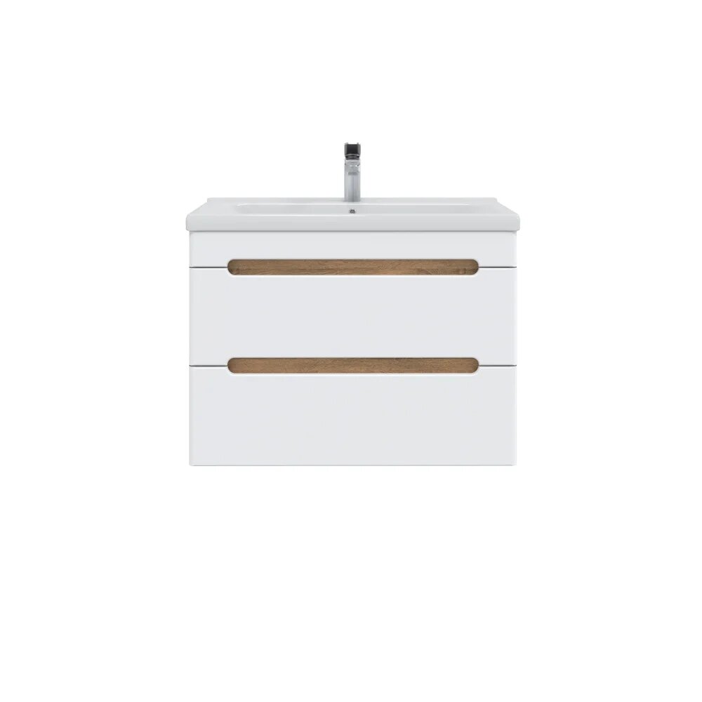 Тумба с раковиной SanStar Diva 70 подвесная, 70 см, белая, светлое дерево, матовая, из МДФ, с ящиками, раковина для ванной, фарфоровая, прямоугольная