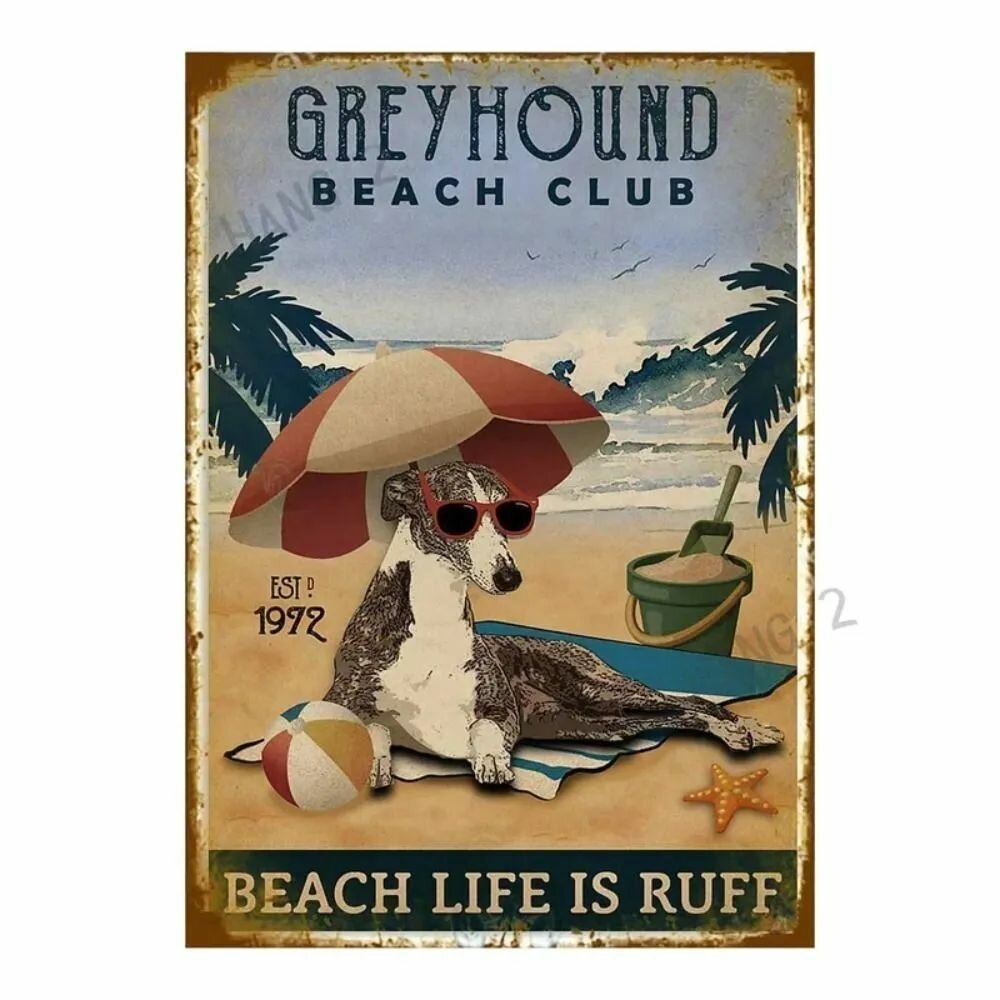 Табличка грейхаунд "Greyhound Beach Club", ретро стиль, металл, декор для интерьера, 20х30 см.