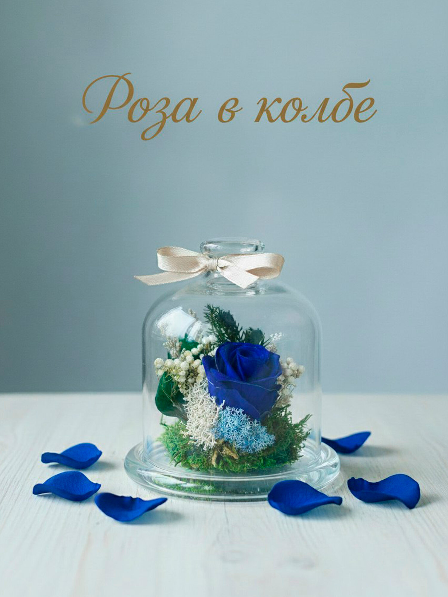 Стабилизированные цветы в стекле, синяя роза под колбой, подарок