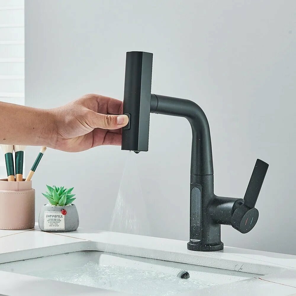 Смеситель для кухни, кран для раковины умный с цифровым дисплеем, выдвижным гибким изливом, 2 вытяжным изливом, 3-х режимная лейка