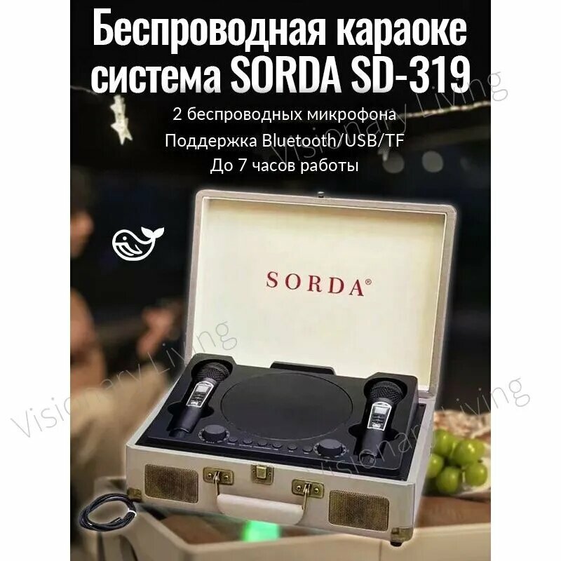 Караоке-система SORDA SD-2109, 45Вт, портативная, с двумя микрофонами, серая