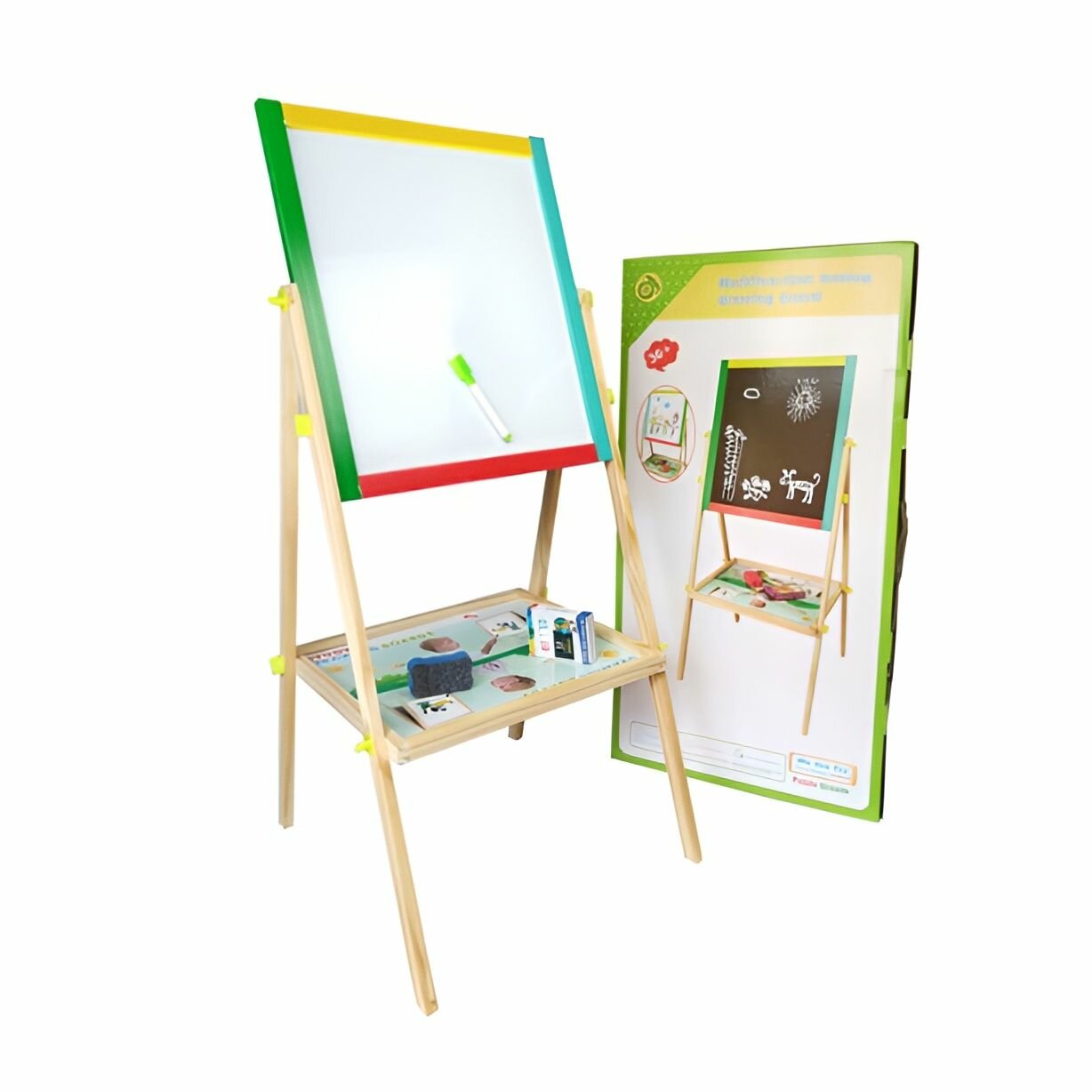 Двусторонний детский мольберт для рисования мелом и маркером 86х40 см, с набором аксессуаров (12 мелков, маркер, губка)