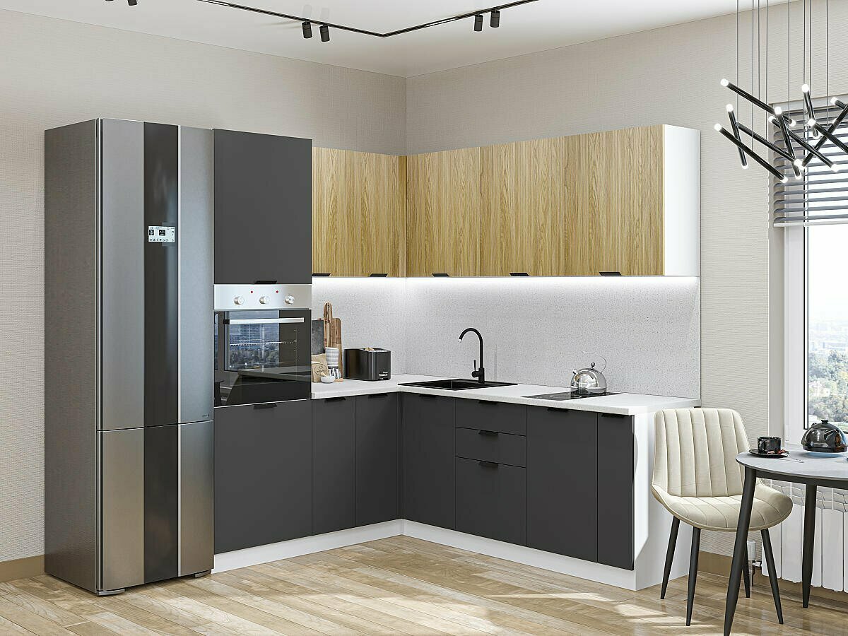 Кухня модульная угловая МДФ фасады, со столешницей Евро Лайн-04 2140*1800-2150*600 Дуб песочный-Антрацит