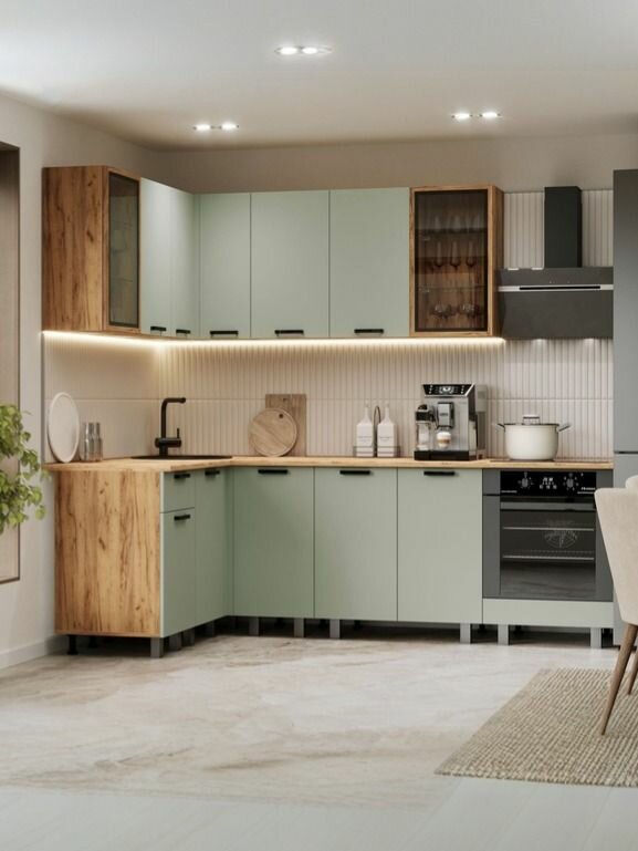 Кухонный гарнитур угловой Техно к.9 2,4х1,4м олива, дуб крафт со столешницей миф