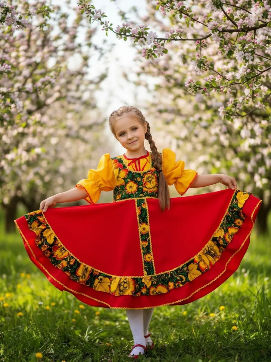 Костюм русский народный сарафан плясовой Хохлома красный детский, 146-152