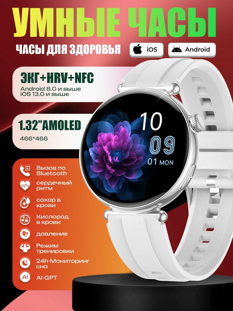 Cмарт часы женские круглые золото, Smart Watch Edition 2025, для айфон/андроид, электронные ЭКГ, сахар в крови,
