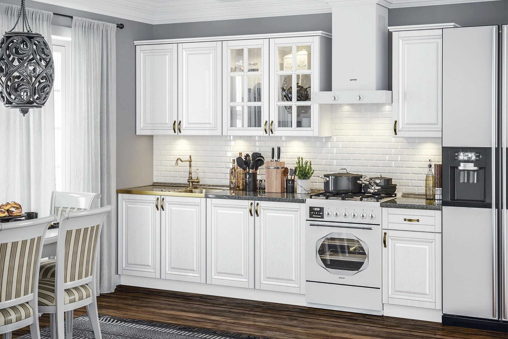 Кухня Престиж 2,0/900м (490) Компоновка №3 (Браш Вайт, Белый (Кастилло темный))