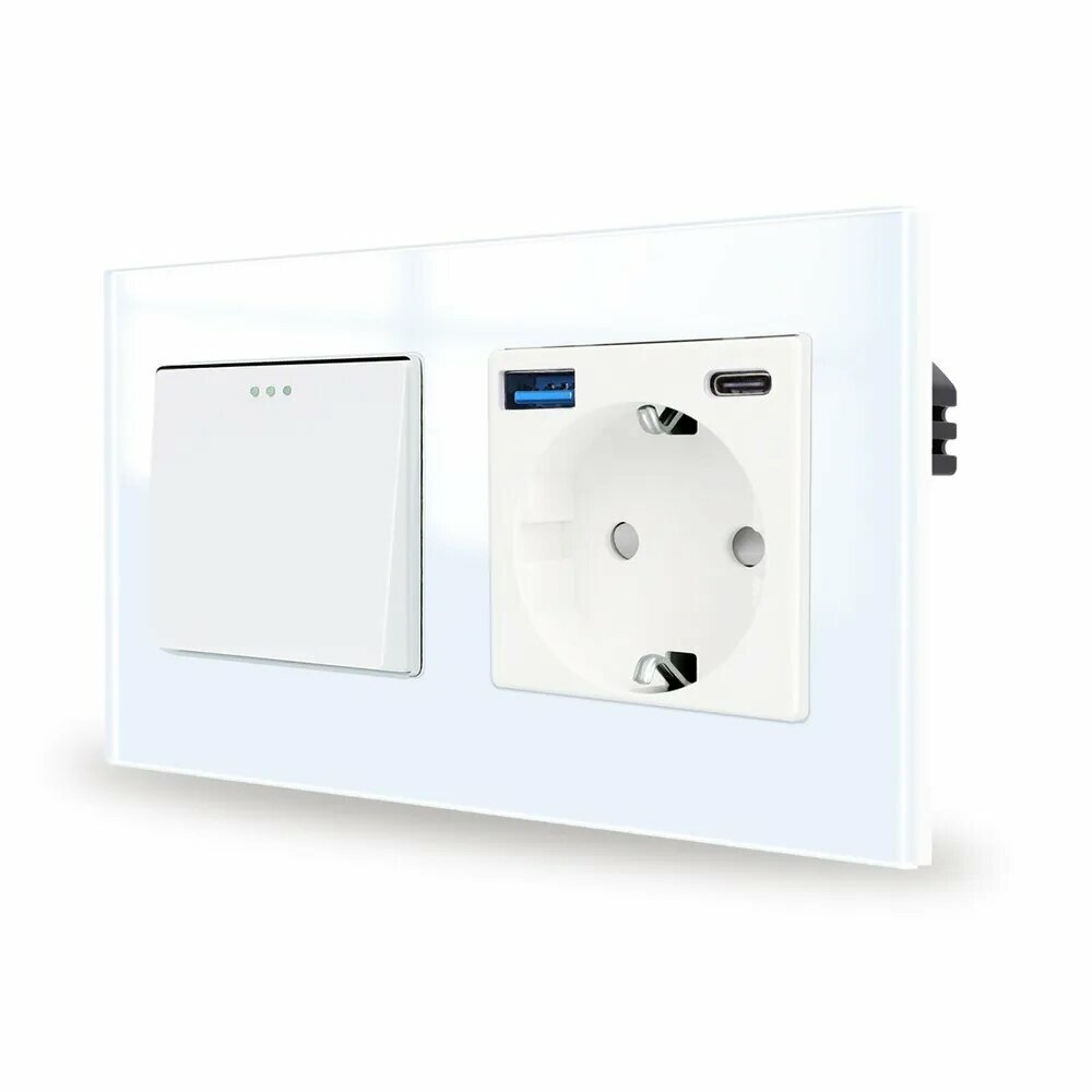 Выключатель Одноклавишный с розеткой ,1 клавиша, 1 розетка с USB и type-C, рамка закаленное стекло Белая