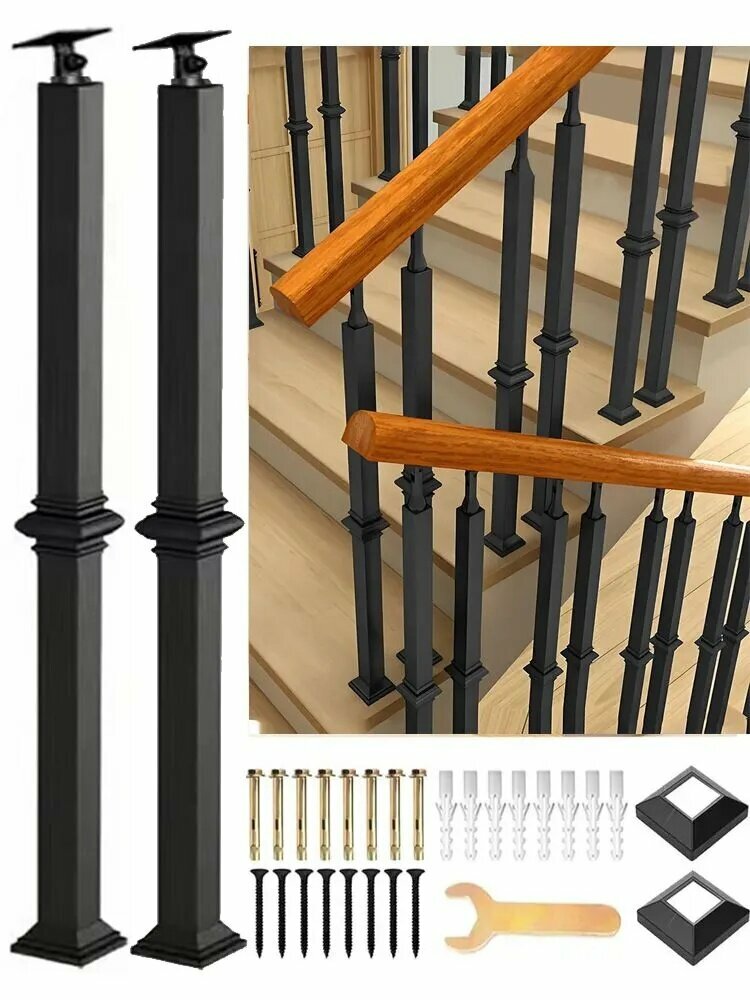 2 шт черные металлические перила для лестничных ограждений, Стойки для перил, балконов, террас, веранд, кованые(наружные/внутренние, из дерева и бетона)