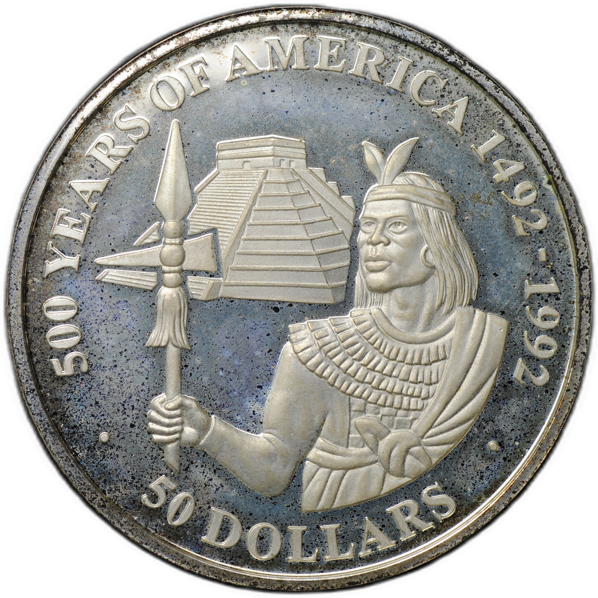 Монета 50 долларов 1990 500 лет открытию Америки - Принц Инков Острова Кука